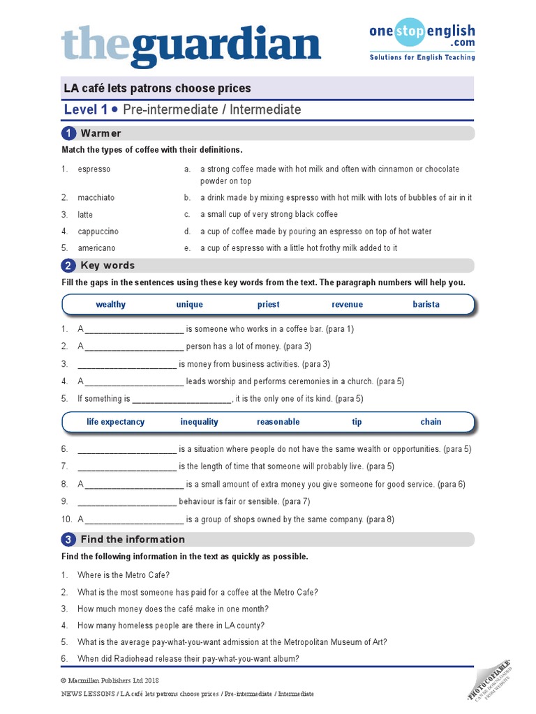 Pre-Intermediate / Intermediate: Level 1 | PDF | Coffeehouse | Coffee