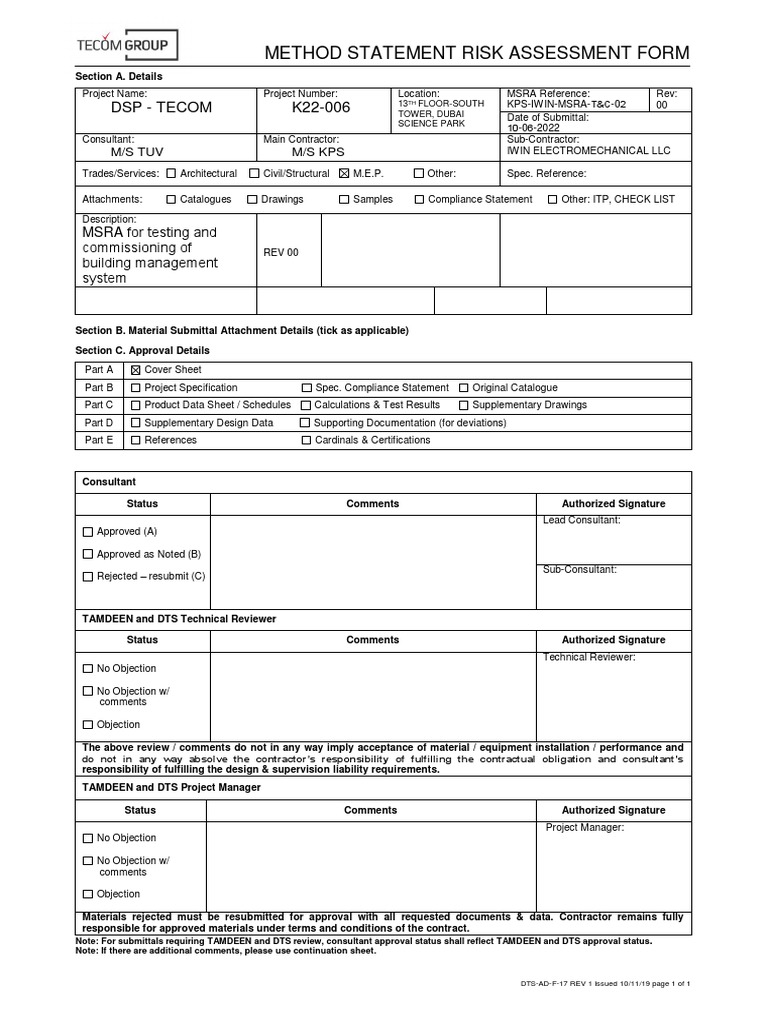 Method Statement Risk Assessment Form: DSP - Tecom K22-006 | PDF ...