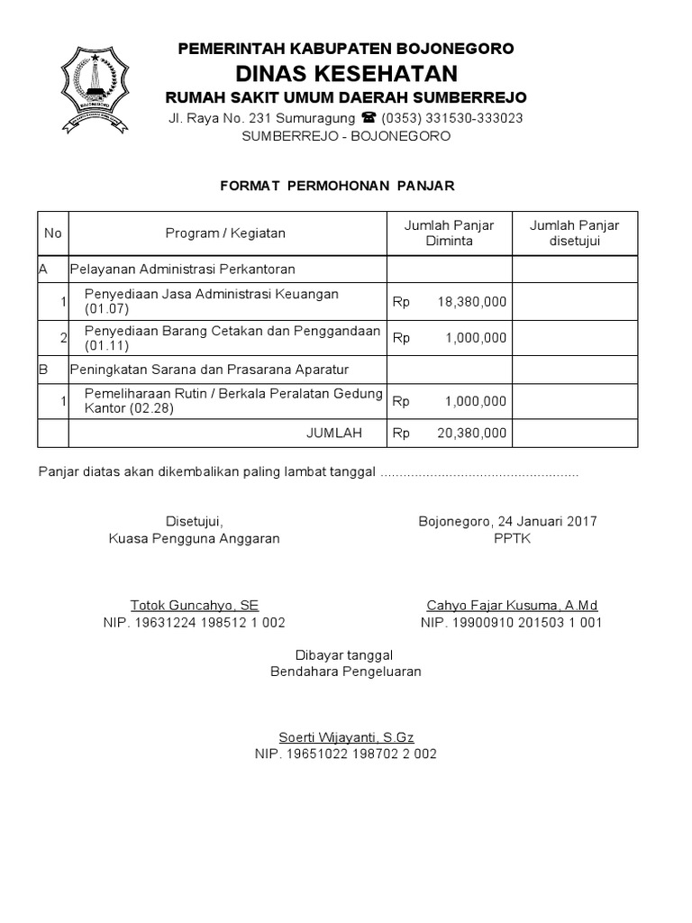 Format Permohonan Panjar RSUD Sumberrejo | PDF