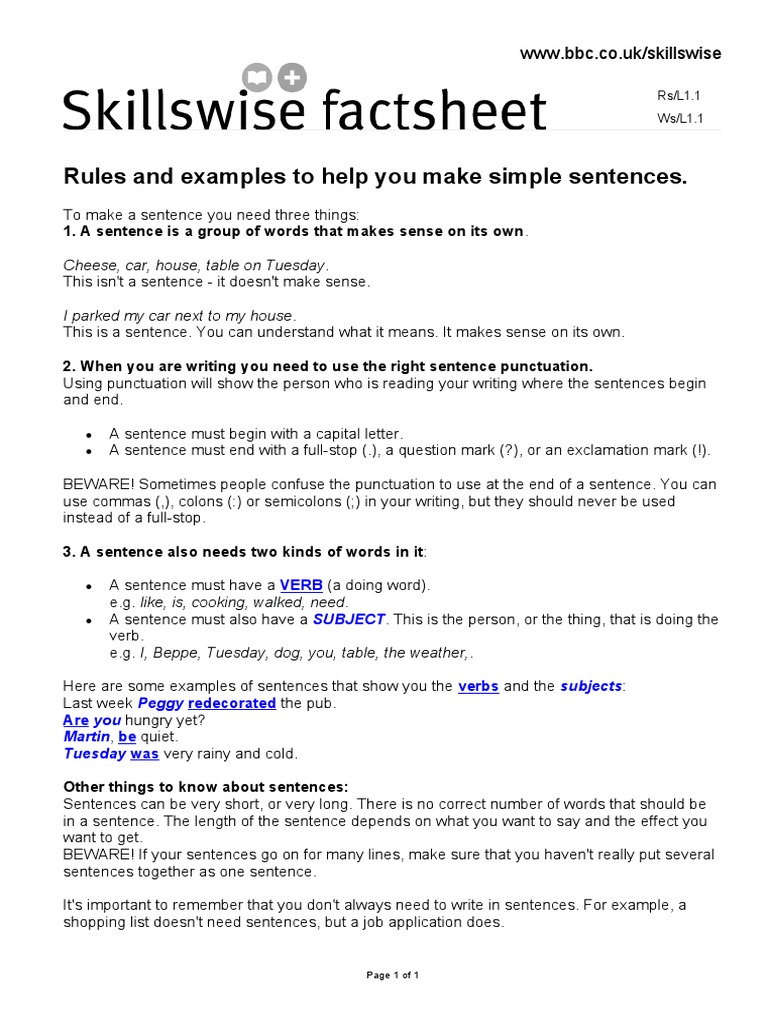 BBC Skillswise - Sentences - Factsheet 1 - Making Simple Sentences | PDF