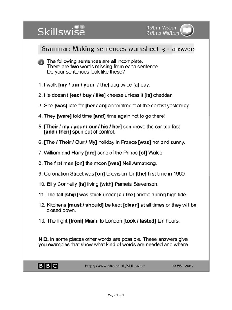 BBC Skillswise - Sentences - Worksheet 3 Answers - Fill in the Missing ...