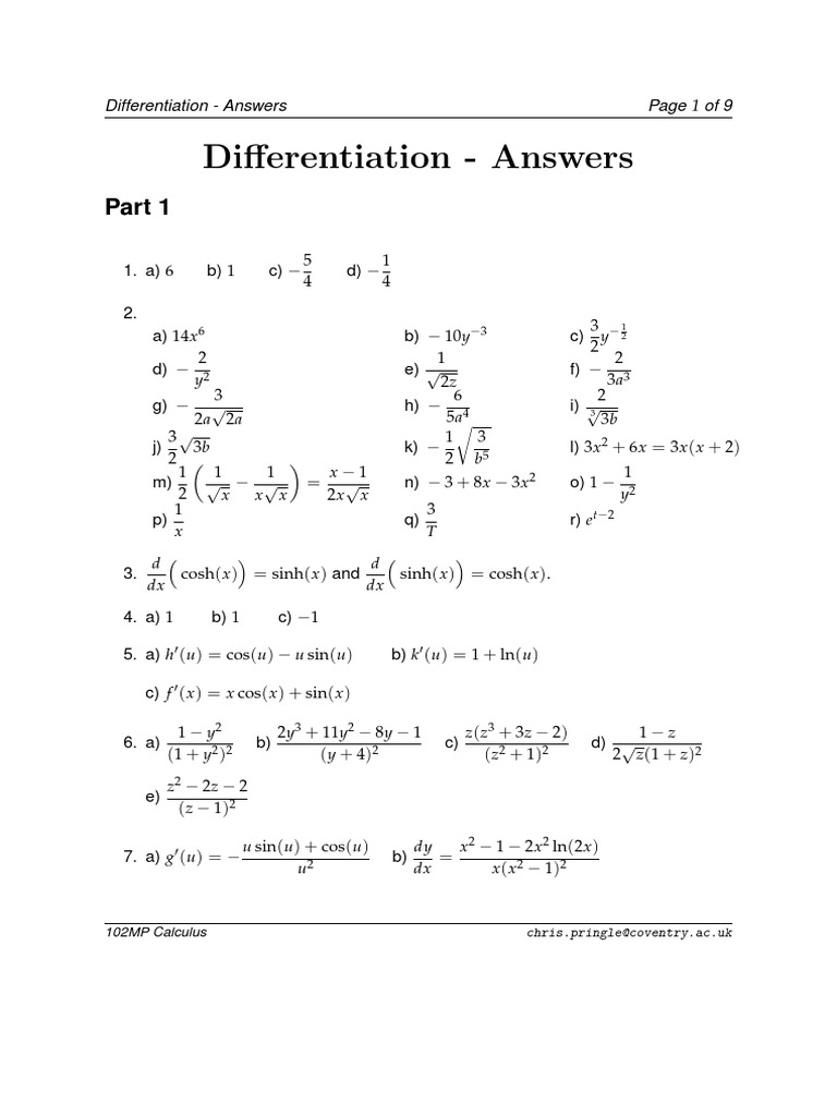 Answers 1 - Differentiation | PDF | Asymptote | Tangent