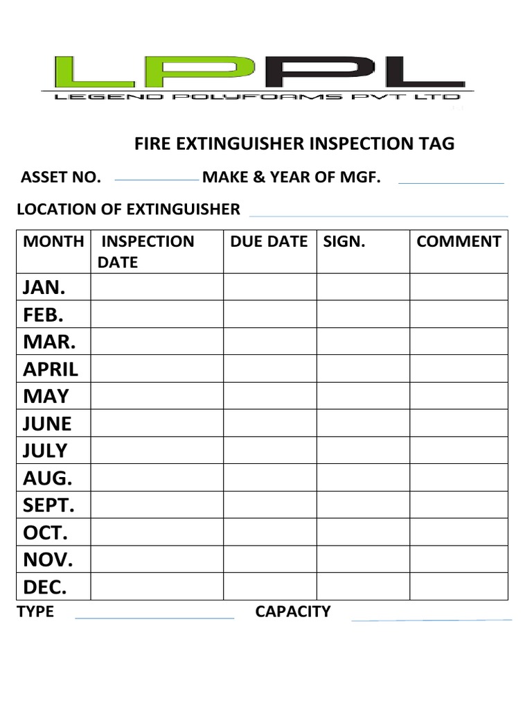 Fire Extinguisher Inspection Tag Template | PDF