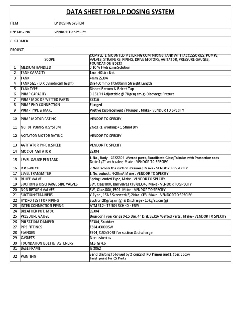 DATA SHEET FOR LP AND HP DOSING SYSTEMS | PDF | Pump | Valve