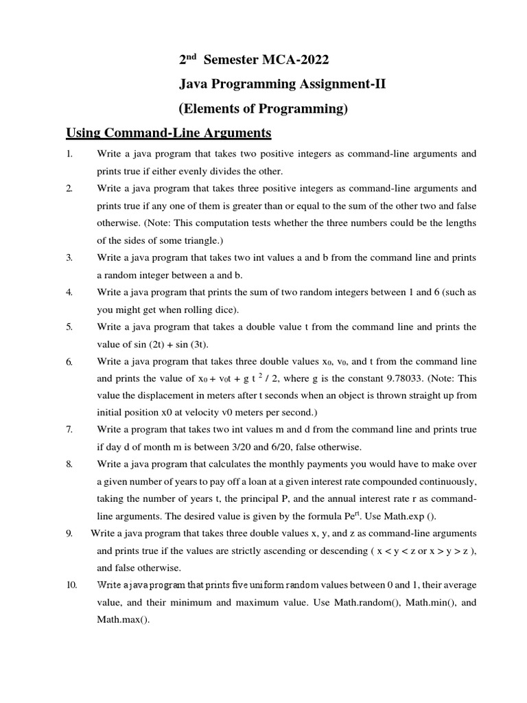 2 Semester Mca 2022 Java Programming Assignment Ii Elements Of Programming Using Command Line 