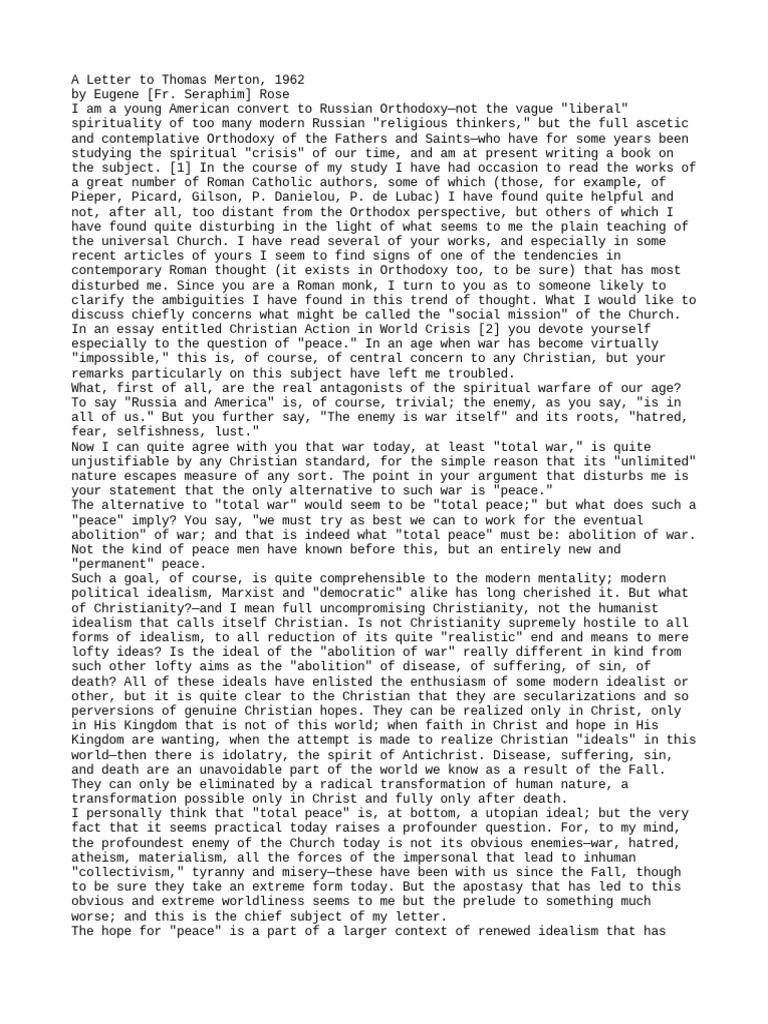 FR Seraphim Rose - A Letter To Thomas Merton, 1962 | PDF | Antichrist ...