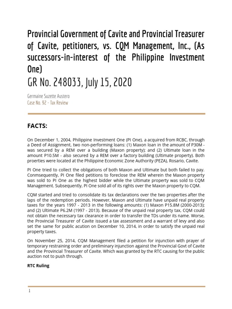 Provincial Government of Cavite V CQM Management - Digest | PDF | Taxes | Property Tax