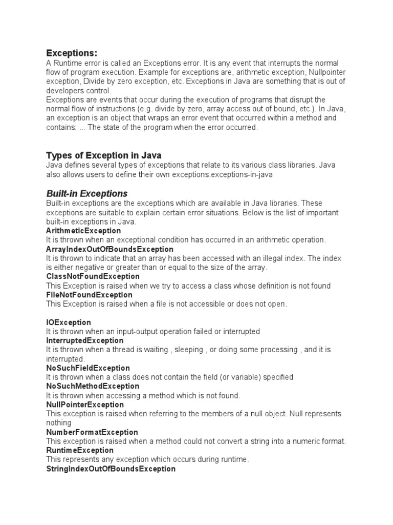 Built In Exceptions Pdf Array Data Type Constructor Object Oriented Programming