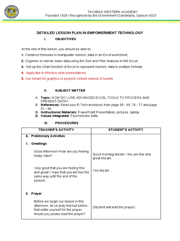 Detailed Lesson Plan in Empowerment Technology | PDF | Microsoft Excel ...