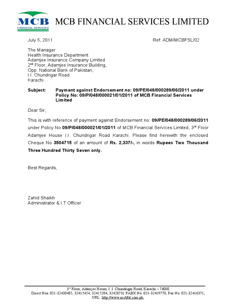 Adamjee Insurance Letter | PDF | Corporate Law | Services (Economics)