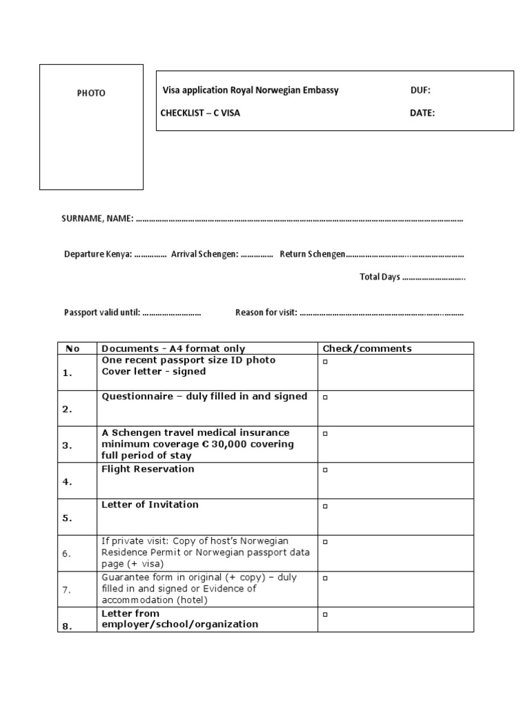 Visa Application Royal Norwegian Embassy DUF: Checklist - C Visa Date ...