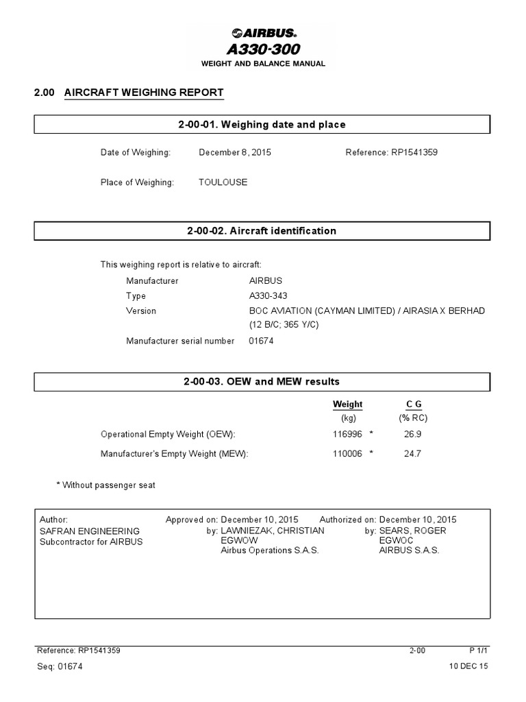 Aircraft Weighing Report 2.00: Weight CG | PDF | Weight | Avionics