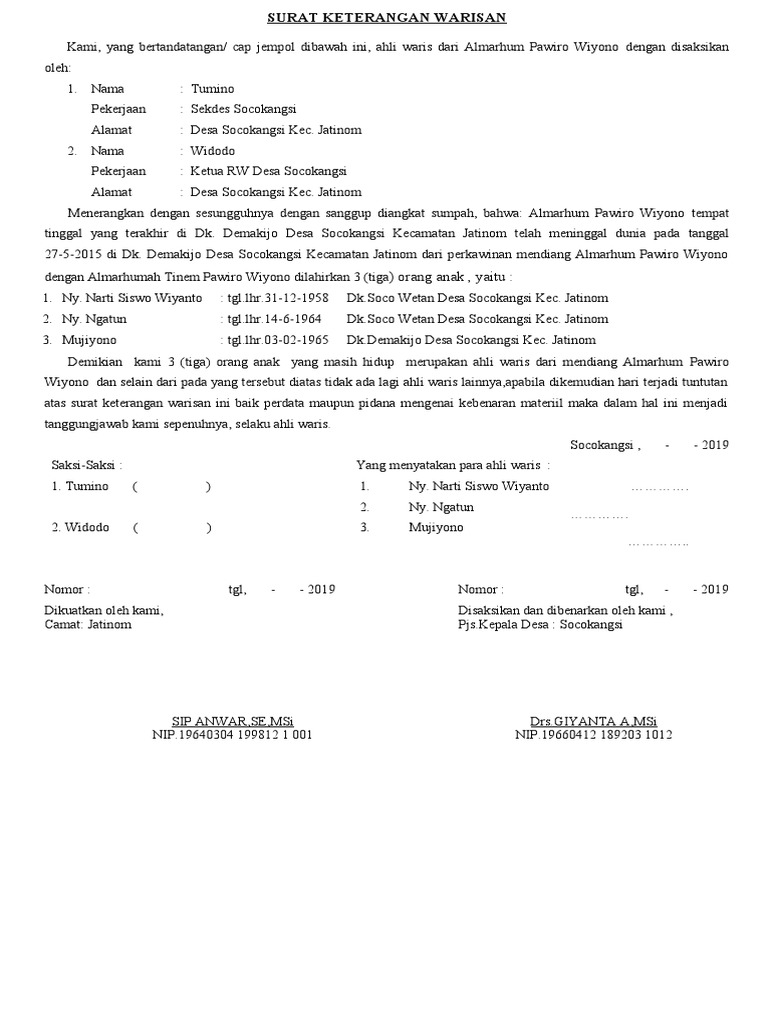 Contoh Surat Keterangan Waris | PDF