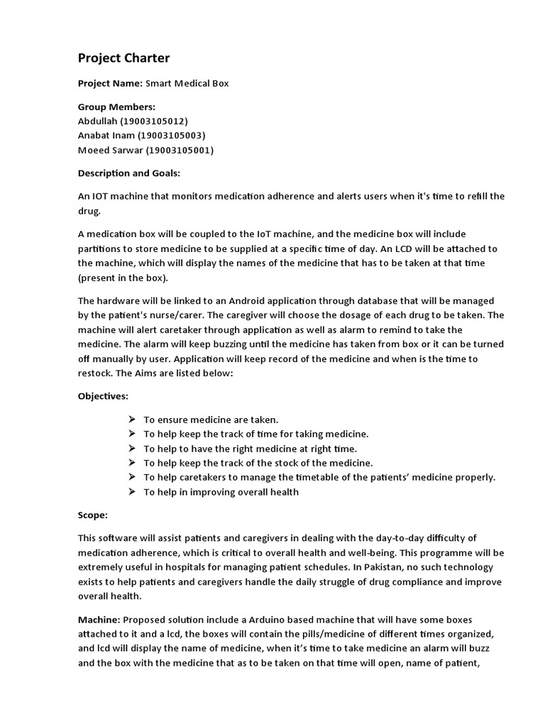 Project Charter: Project Name: Smart Medical Box Group Members | PDF ...