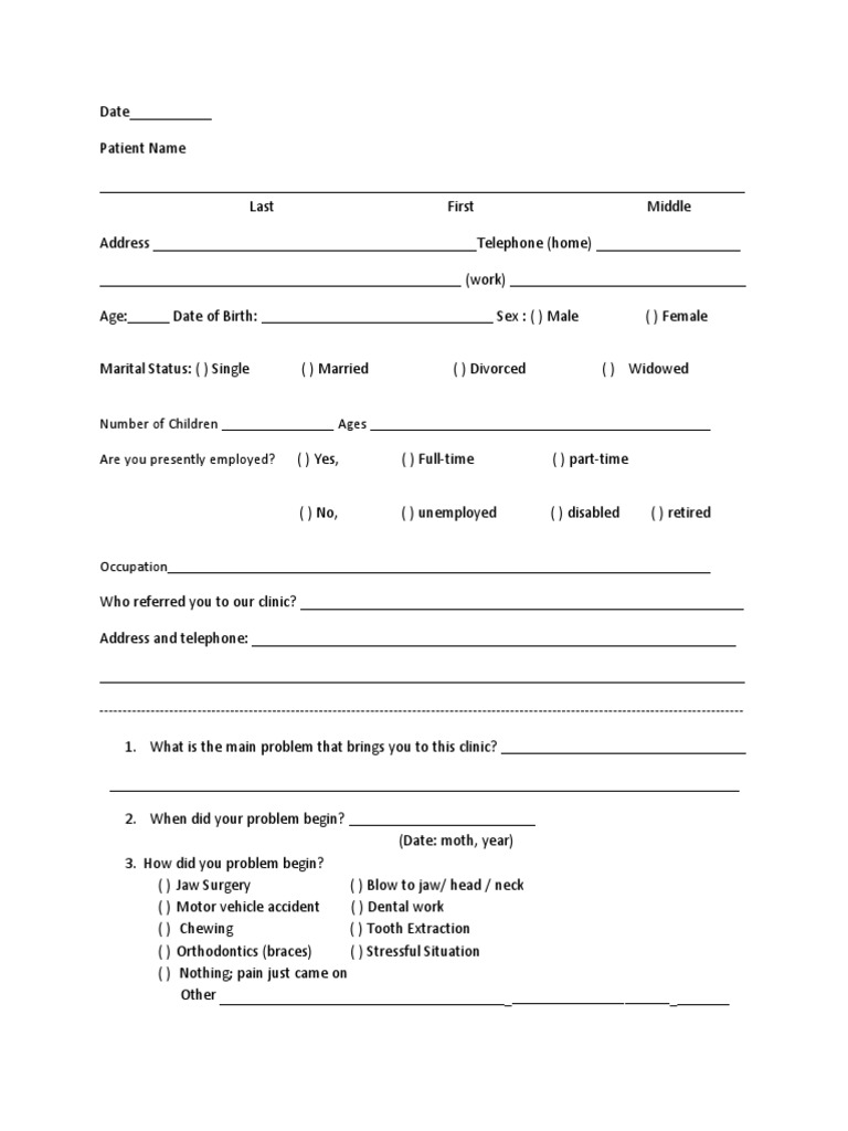 Patient Intake Form for a Comprehensive Evaluation of Facial Pain and ...