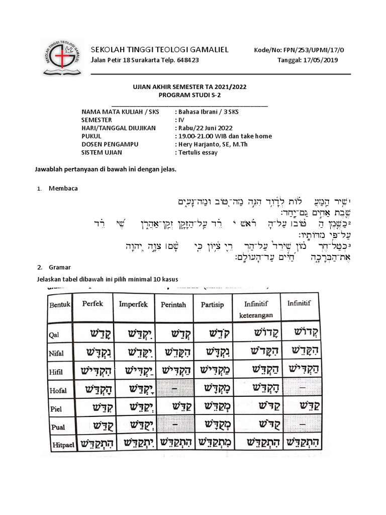 Soal UAS Bahasa Ibrani S2 | PDF