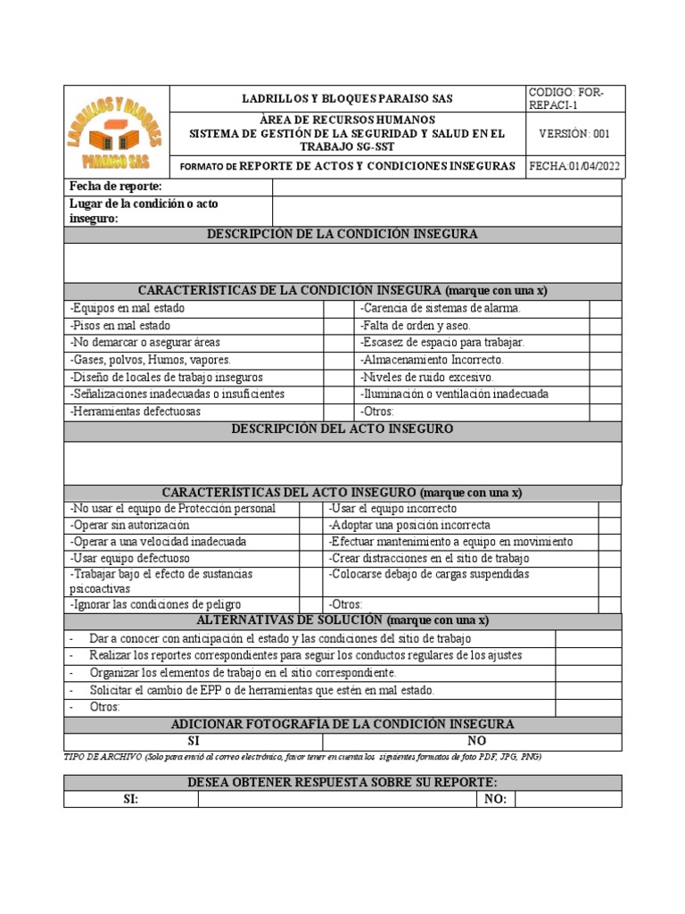 Formato Reporte Actos Condiciones Inseguras 2 | PDF