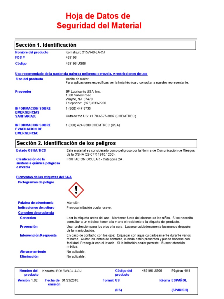 MSDS Komatsu 15W40 | PDF | Residuos | Reciclaje