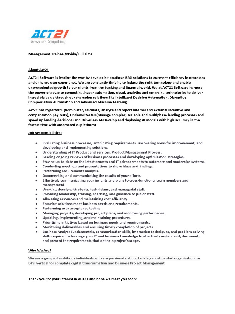 JD - Management Trainee | PDF | Automation | Artificial Intelligence