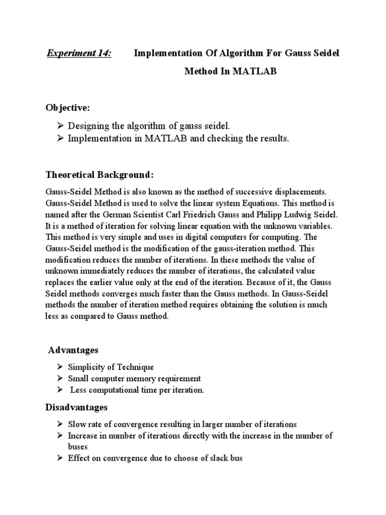 Method in MATLAB Objective:: Experiment 14: Implementation of Algorithm For Gauss Seidel | PDF ...