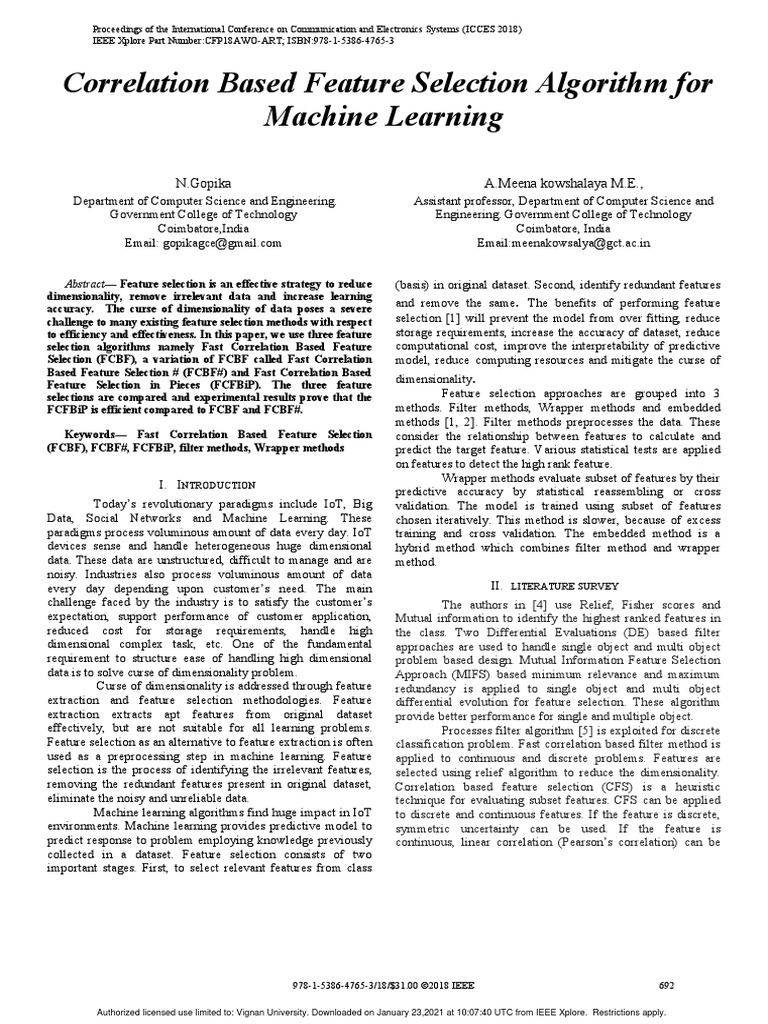 Correlation Based Feature Selection Pdf Machine Learning Applied Mathematics