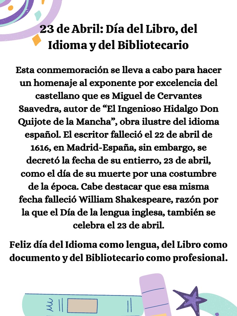 23 de Abril: Día Del Libro, Del Idioma y Del Bibliotecario | PDF | Clásicos