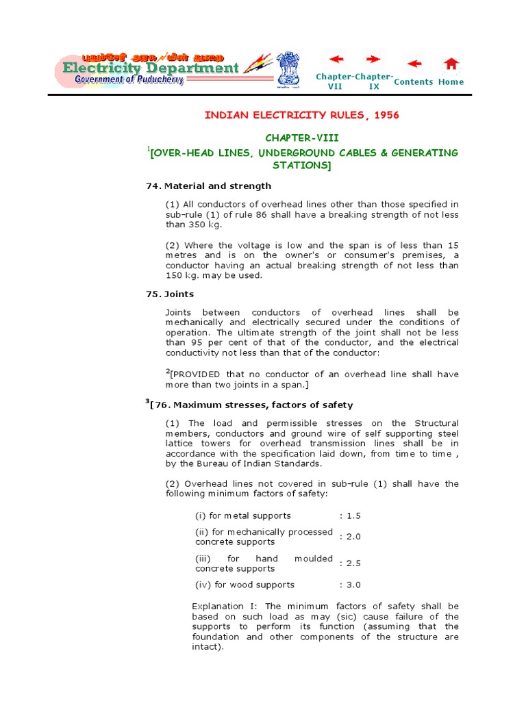 Indian Electricity Rules 1956 Chapter-VIII | PDF