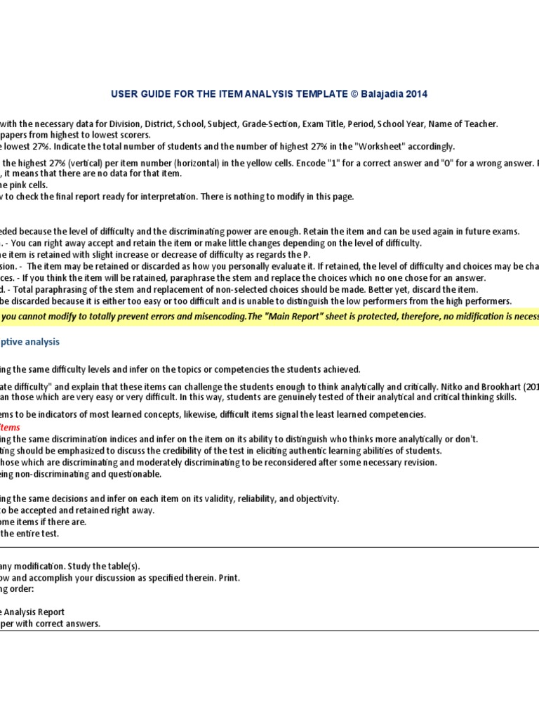 User Guide For The Item Analysis Template © Balajadia 2014: General ...