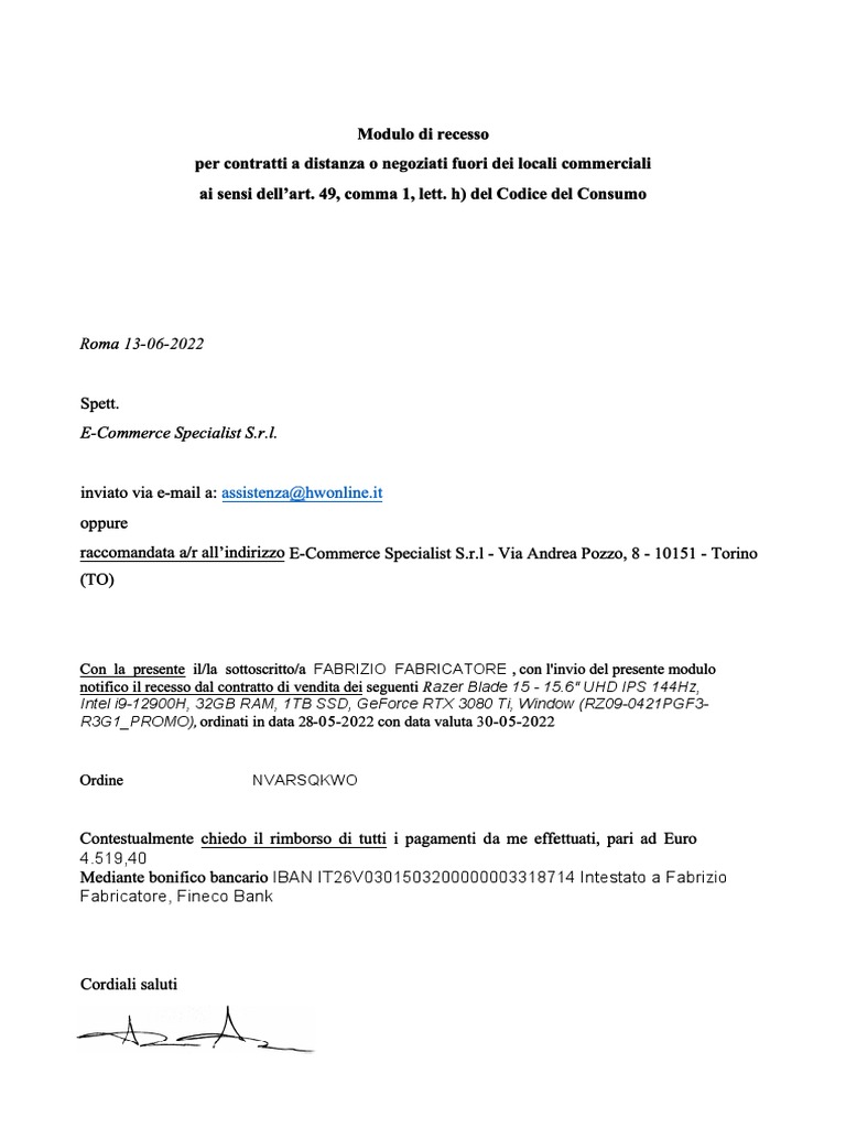 Modulo Di Recesso - HWOnline - Fabricatore | PDF