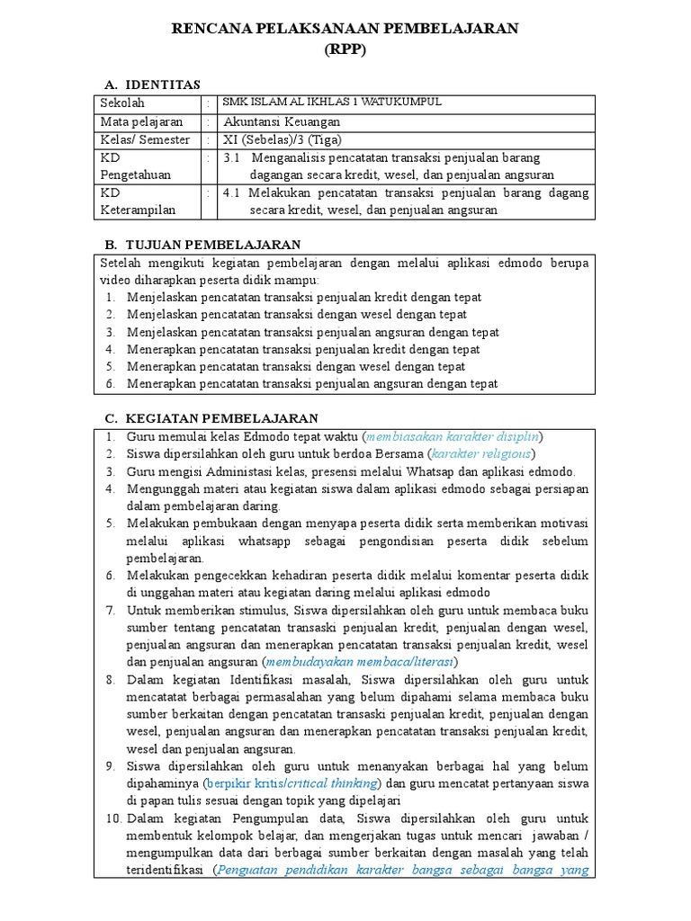 RPP Akuntansi Penjualan Angsuran Kelas XI | PDF | Karier & Perkembangan | Pengelolaan Keuangan ...