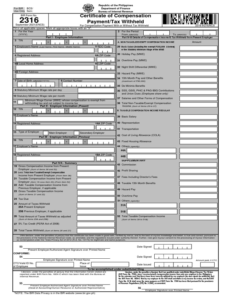 BIR Form 2316: Compensation Certificate | PDF | Withholding Tax | Wage