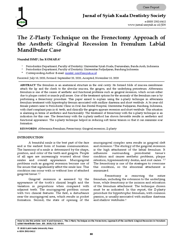 The Z-Plasty Technique On The Frenectomy Approach | PDF | Periodontology | Human Tooth