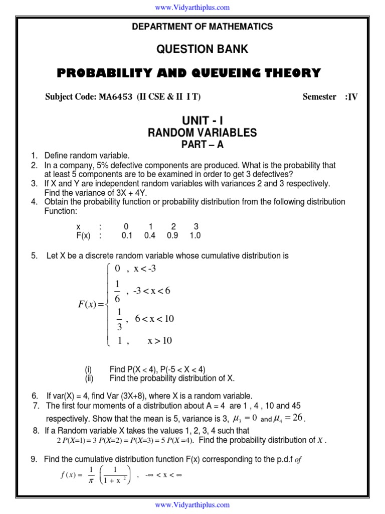 Probability and Queueing Theory: Question Bank | PDF | Probability Distribution | Variance