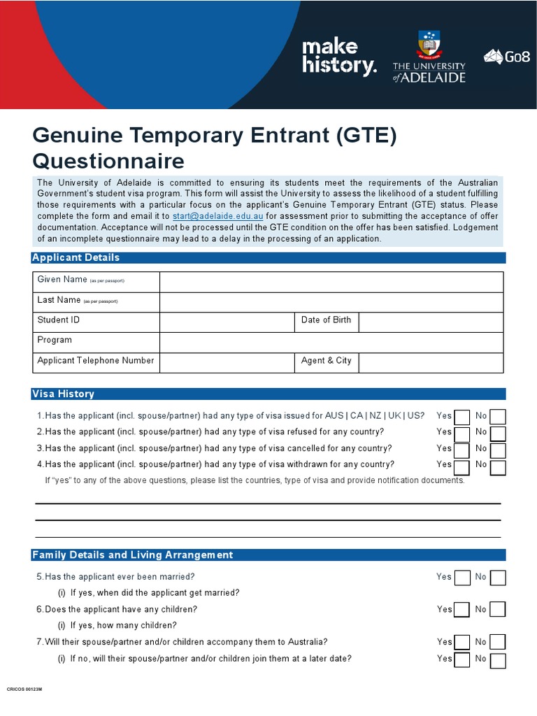 Genuine Temporary Entrant (GTE) Questionnaire: Applicant Details | PDF ...