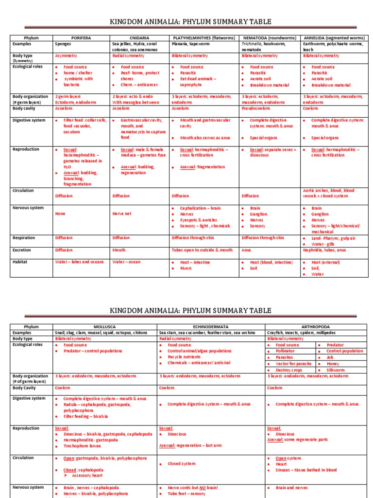 Animal Phylum Summary Table | PDF | Gill | Nematode
