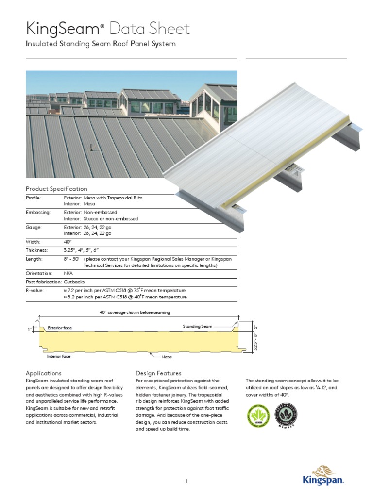 Kingseam Data Sheet: Insulated Standing Seam Roof Panel System | PDF ...