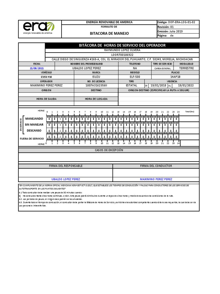 Bitacora Chofer 1 3908 | PDF