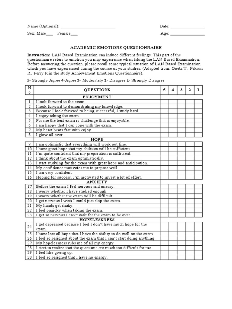 Academic Emotions Questionnaire Instruction: LAN Based Examination Can ...
