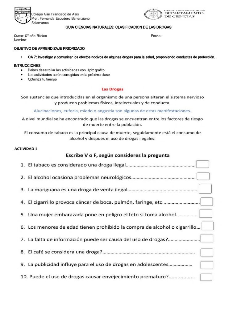 Guia Clasificacion de Las Drogas 6°ab | PDF
