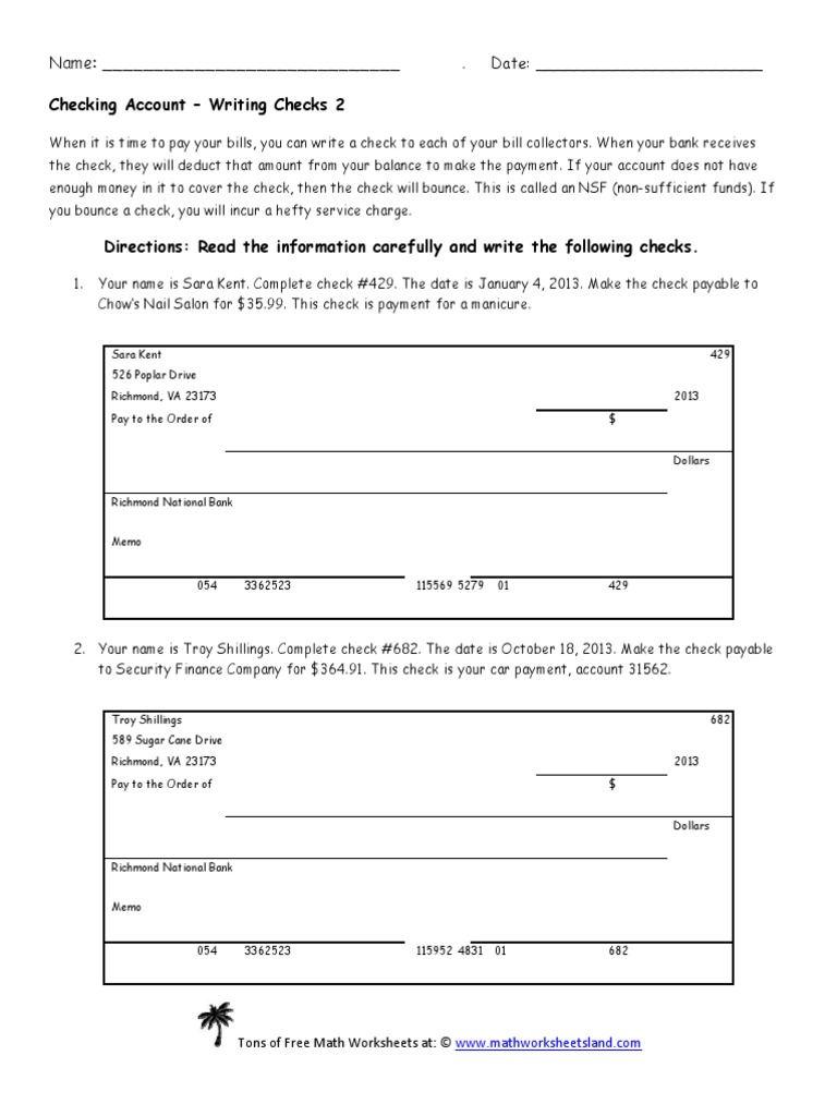 Checking Account - Writing Checks 2: Name | Download Free PDF ...