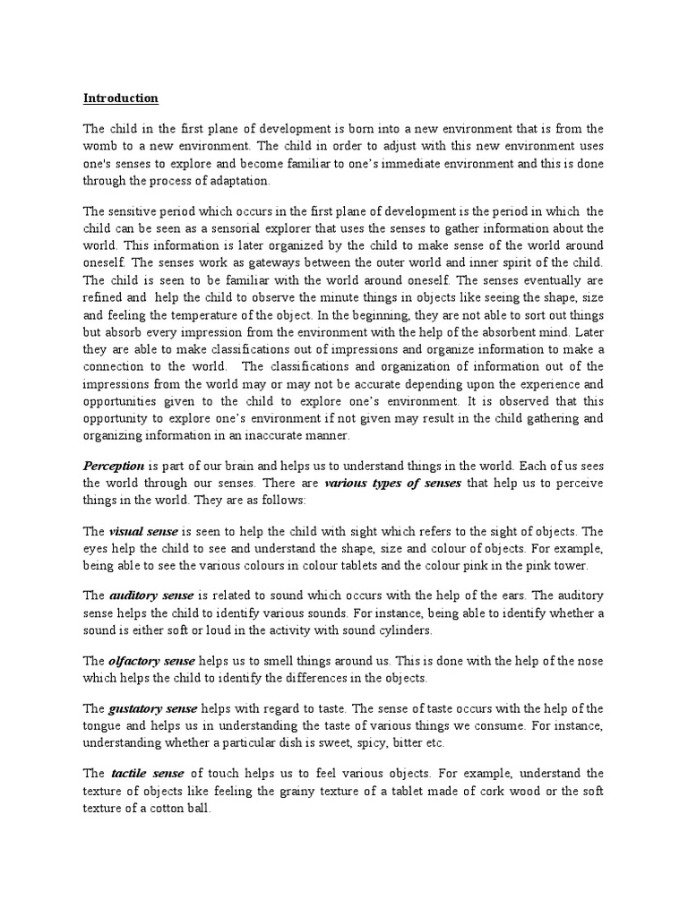 Introduction to Sensorial Montessori | PDF | Senses | Perception