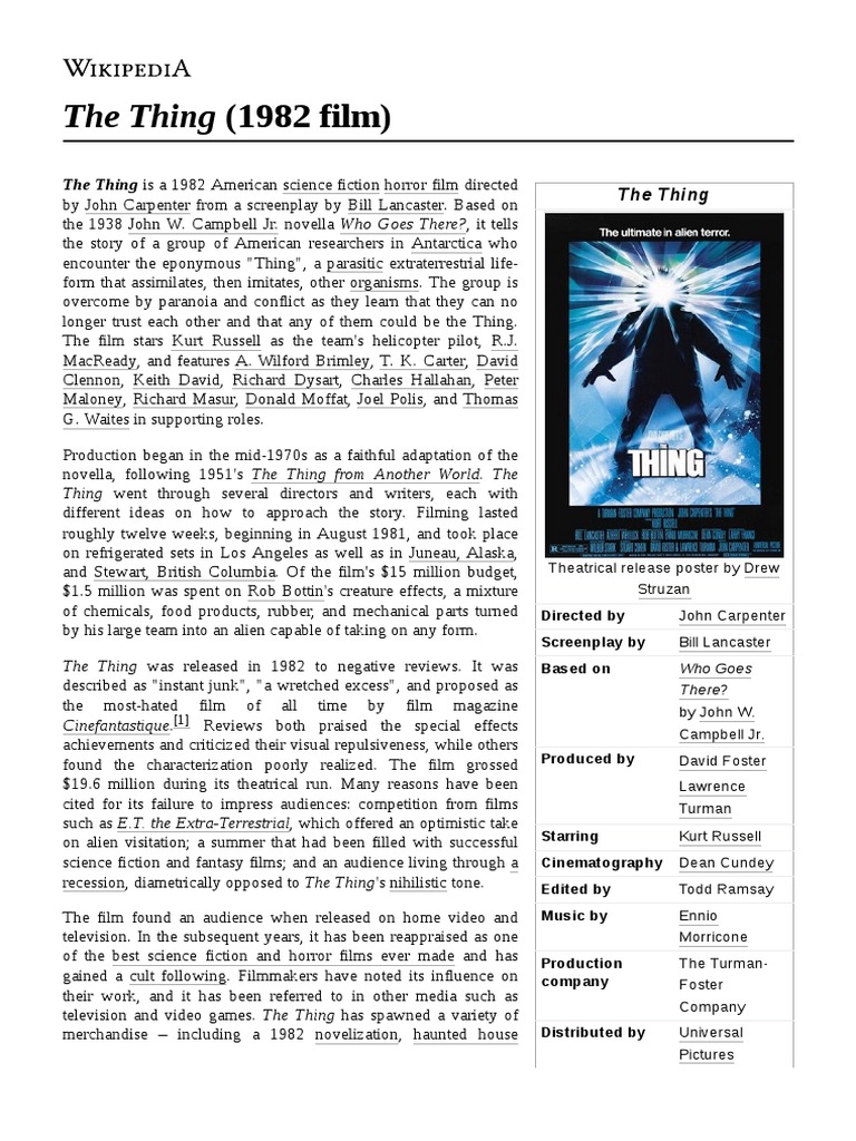 The Thing Is A 1982 American Science Fiction Horror Film Directed | PDF ...