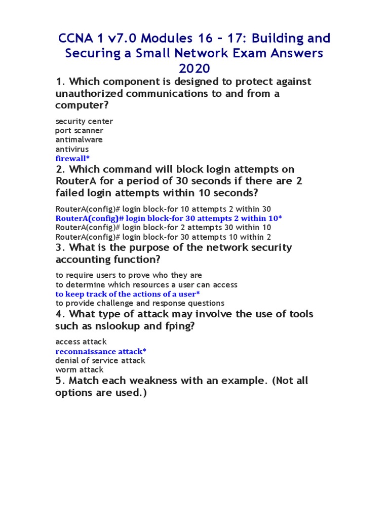 CCNA 1 v7.0 Modules 16 - 17: Building and Securing A Small Network Exam Answers 2020 | PDF ...