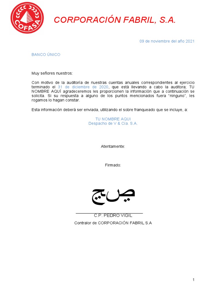 Carta de Confirmación Bancaria | PDF | Bancos | Bancario