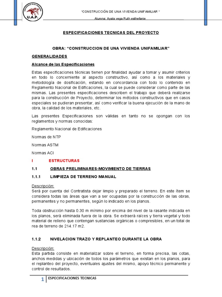Especificaciones técnicas para la construcción de una vivienda unifamiliar | PDF | Hormigón ...