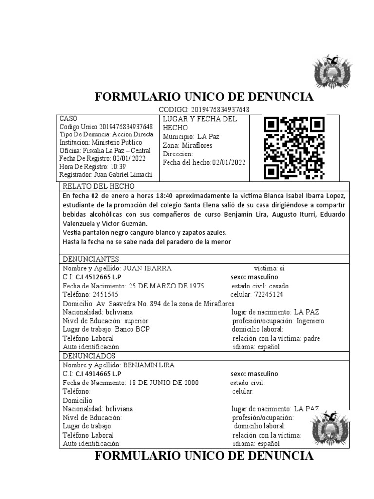 Formulario Unico de Denuncia | PDF | Justicia | Crimen y violencia