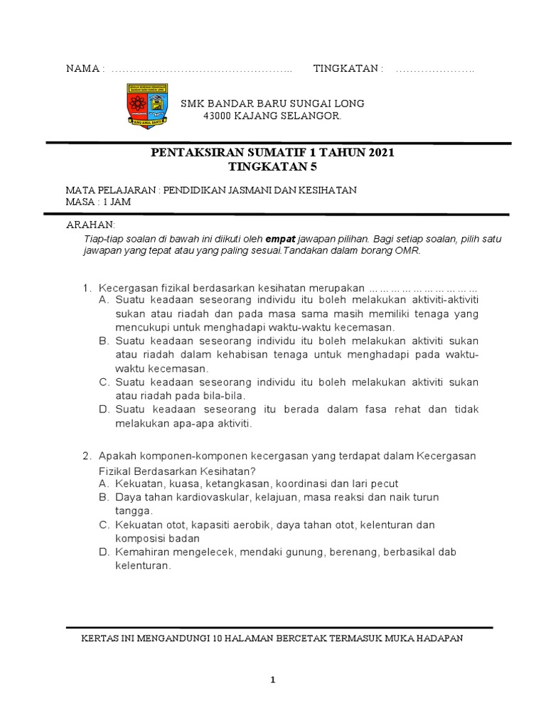Terkini Pentaksiran Sumatif 1 T5 PJPK 2021 KSSM | PDF