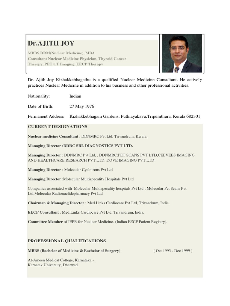DR - Ajith Joy: Current Designations | PDF | Nuclear Medicine | Positron Emission Tomography
