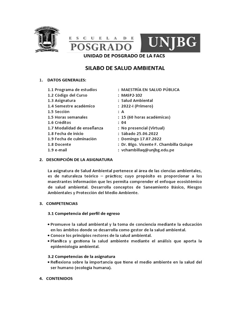 Sílabo de Salud Ambiental - A - 2022-I - Espg - V.CH.Q | PDF | Biodiversidad | Salud Ambiental
