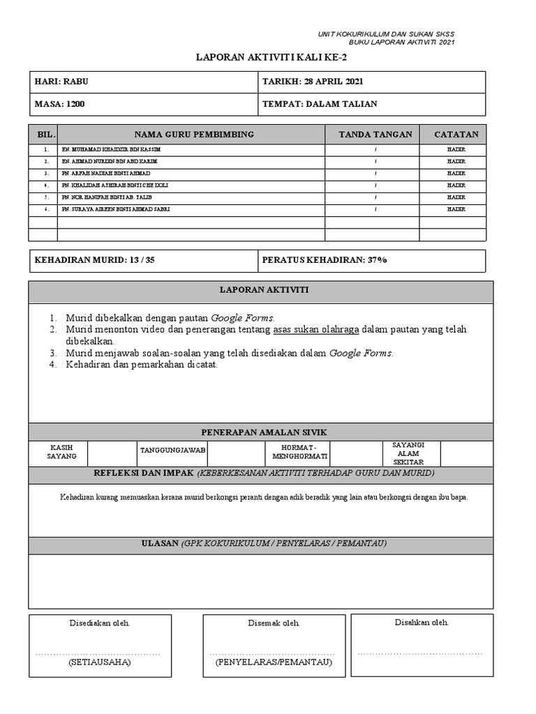 Laporan Aktiviti Kokurikulum Ke-2 | PDF